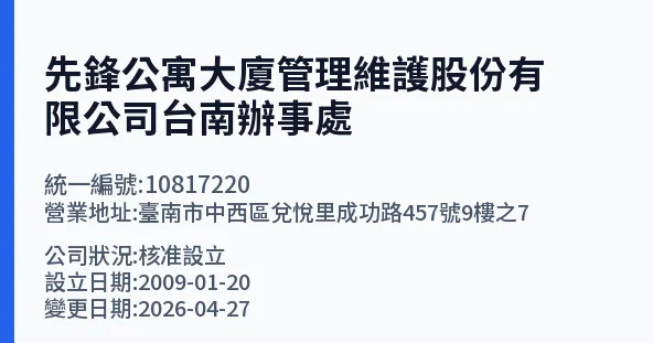 先鋒公寓大廈管理維護股份有限公司台南辦事處的照片-統編 10817220(臺南市) 公司登記資料與營業項目詳細圖表