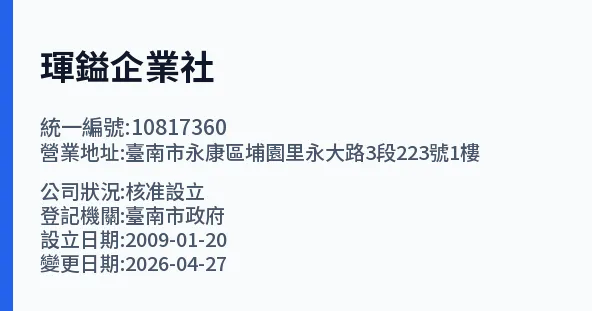 琿鎰企業社的照片-統編 10817360(臺南市) 公司登記資料與營業項目詳細圖表