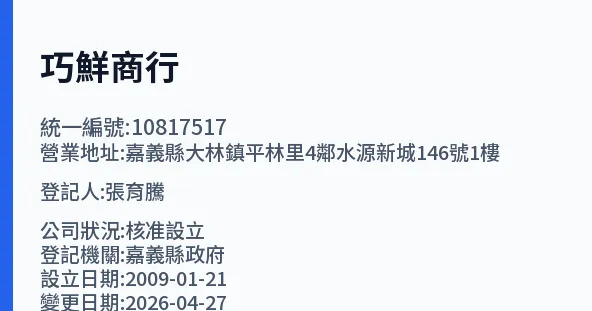 巧鮮商行的照片-統編 10817517(嘉義縣) 公司登記資料與營業項目詳細圖表