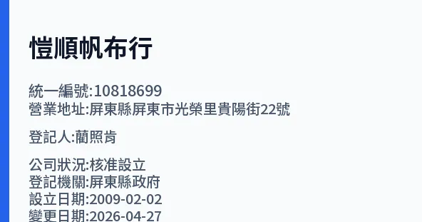 愷順帆布行的照片-統編 10818699(屏東縣) 公司登記資料與營業項目詳細圖表
