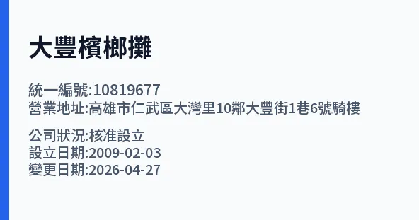 大豐檳榔攤的照片-統編 10819677(高雄市) 公司登記資料與營業項目詳細圖表
