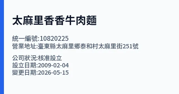 太麻里香香牛肉麵的照片-統編 10820225(臺東縣) 公司登記資料與營業項目詳細圖表