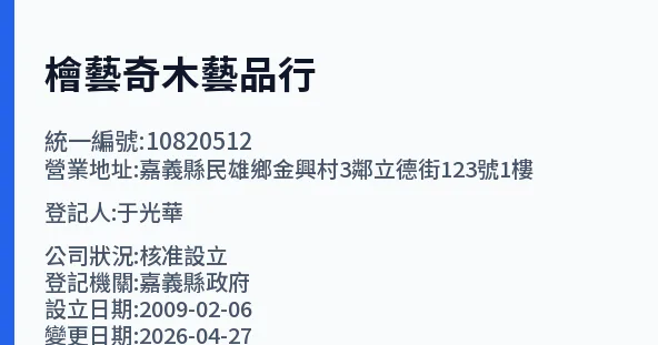 檜藝奇木藝品行的照片-統編 10820512(嘉義縣) 公司登記資料與營業項目詳細圖表