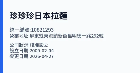 珍珍珍日本拉麵的照片-統編 10821293(屏東縣) 公司登記資料與營業項目詳細圖表