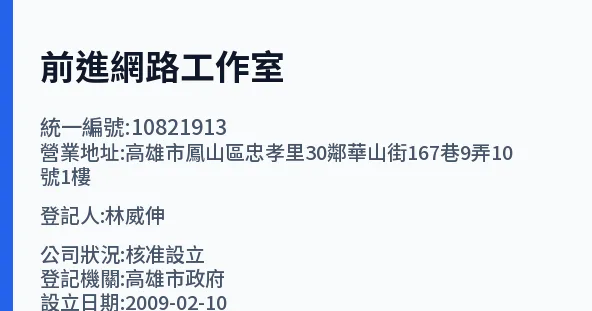 前進網路工作室的照片-統編 10821913(高雄市) 公司登記資料與營業項目詳細圖表