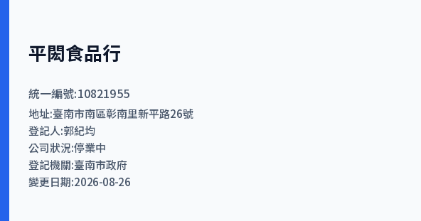 平閎食品行的照片-統編 10821955(臺南市) 公司登記資料與營業項目詳細圖表