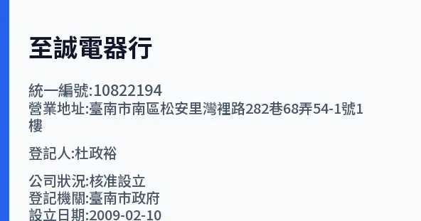 至誠電器行的照片-統編 10822194(臺南市) 公司登記資料與營業項目詳細圖表