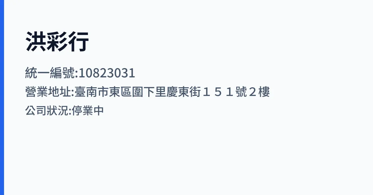 洪彩行 - 統編 10823031(臺南市) 公司登記資料與營業項目詳細圖表