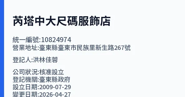 芮塔中大尺碼服飾店的照片-統編 10824974(臺東縣) 公司登記資料與營業項目詳細圖表