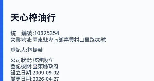 天心榨油行的照片-統編 10825354(臺東縣) 公司登記資料與營業項目詳細圖表