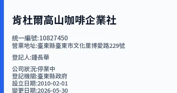 肯杜爾高山咖啡企業社的照片-統編 10827450(臺東縣) 公司登記資料與營業項目詳細圖表