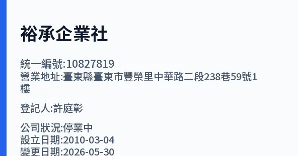 裕承企業社的照片-統編 10827819(臺東縣) 公司登記資料與營業項目詳細圖表