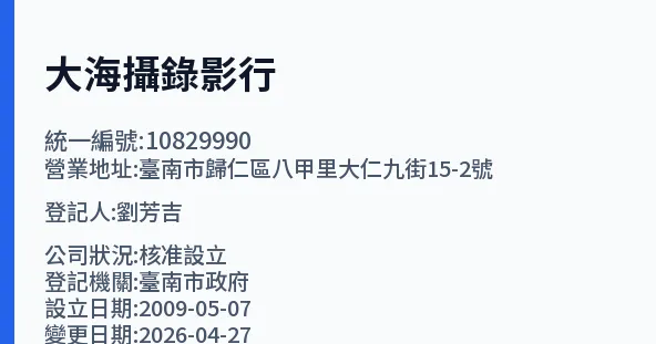 大海攝錄影行的照片-統編 10829990(臺南市) 公司登記資料與營業項目詳細圖表