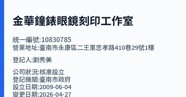 金華鐘錶眼鏡刻印工作室的照片-統編 10830785(臺南市) 公司登記資料與營業項目詳細圖表