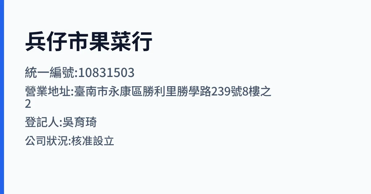 兵仔市果菜行 - 統編 10831503(臺南市) 公司登記資料與營業項目詳細圖表