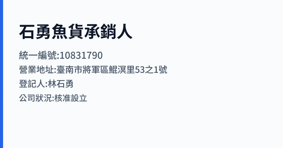 石勇魚貨承銷人 - 統編 10831790(臺南市) 公司登記資料與營業項目詳細圖表
