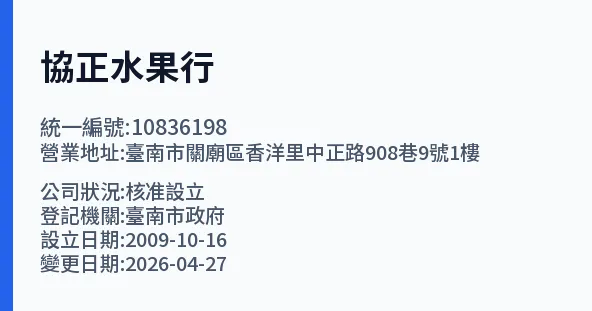 協正水果行的照片-統編 10836198(臺南市) 公司登記資料與營業項目詳細圖表