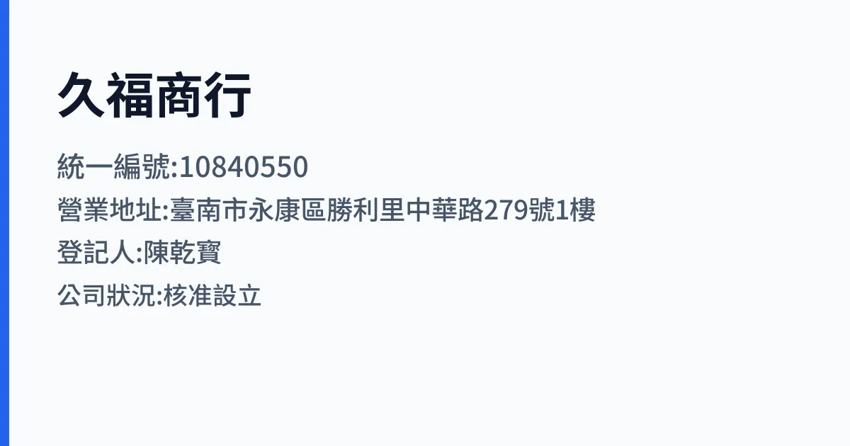 久福商行 - 統編 10840550(臺南市) 公司登記資料與營業項目詳細圖表