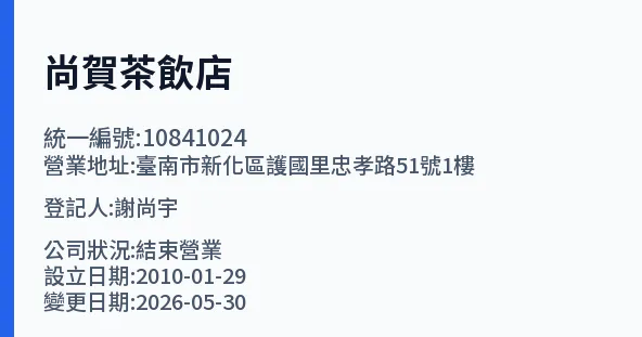 尚賀茶飲店的照片-統編 10841024(臺南市) 公司登記資料與營業項目詳細圖表