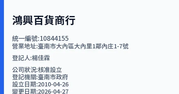 鴻興百貨商行的照片-統編 10844155(臺南市) 公司登記資料與營業項目詳細圖表