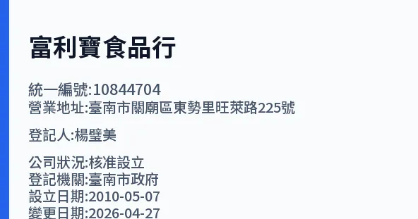 富利寶食品行的照片-統編 10844704(臺南市) 公司登記資料與營業項目詳細圖表