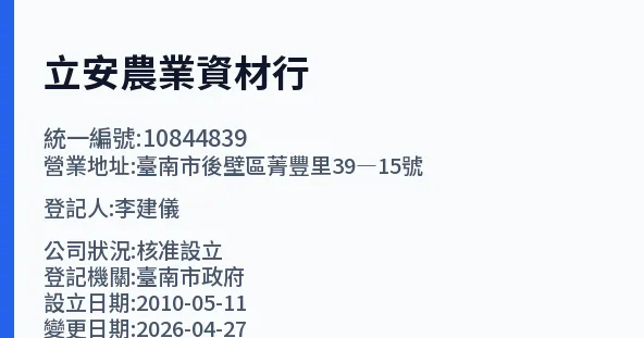 立安農業資材行的照片-統編 10844839(臺南市) 公司登記資料與營業項目詳細圖表