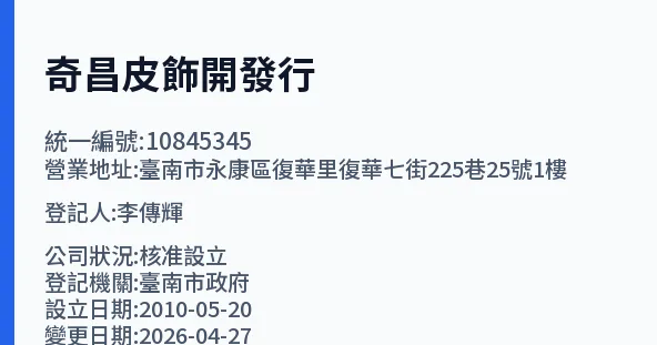 奇昌皮飾開發行的照片-統編 10845345(臺南市) 公司登記資料與營業項目詳細圖表
