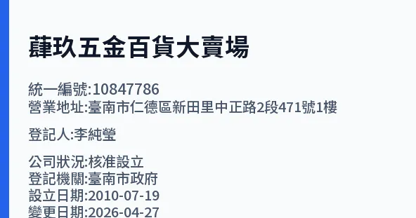 蕼玖五金百貨大賣場的照片-統編 10847786(臺南市) 公司登記資料與營業項目詳細圖表