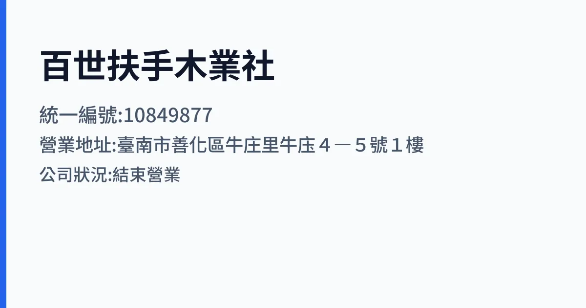 百世扶手木業社 - 統編 10849877(臺南市) 公司登記資料與營業項目詳細圖表