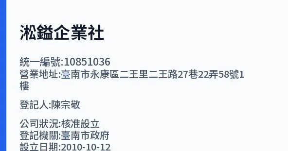 淞鎰企業社的照片-統編 10851036(臺南市) 公司登記資料與營業項目詳細圖表
