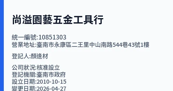 尚溢園藝五金工具行的照片-統編 10851303(臺南市) 公司登記資料與營業項目詳細圖表