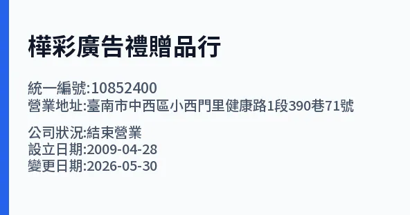 樺彩廣告禮贈品行的照片-統編 10852400(臺南市) 公司登記資料與營業項目詳細圖表