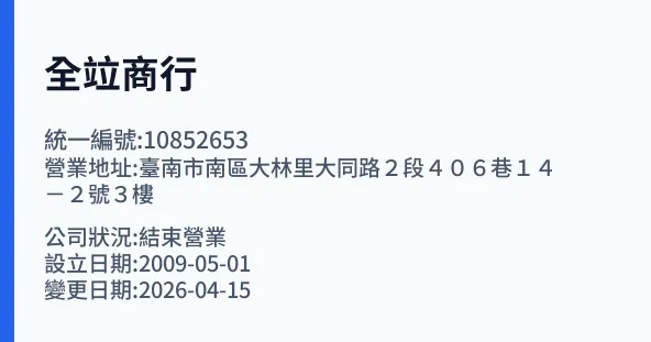 全竝商行的照片-統編 10852653(臺南市) 公司登記資料與營業項目詳細圖表