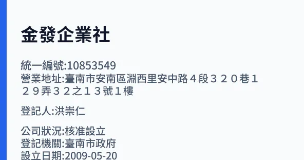 金發企業社的照片-統編 10853549(臺南市) 公司登記資料與營業項目詳細圖表
