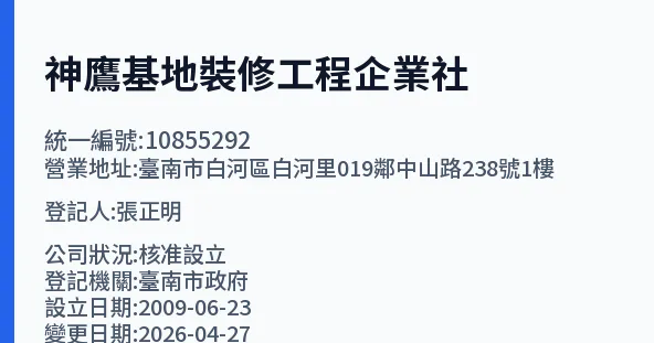 神鷹基地裝修工程企業社的照片-統編 10855292(臺南市) 公司登記資料與營業項目詳細圖表