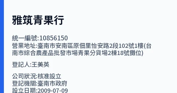 雅筑青果行的照片-統編 10856150(臺南市) 公司登記資料與營業項目詳細圖表