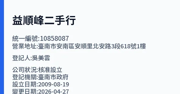 益順峰二手行的照片-統編 10858087(臺南市) 公司登記資料與營業項目詳細圖表