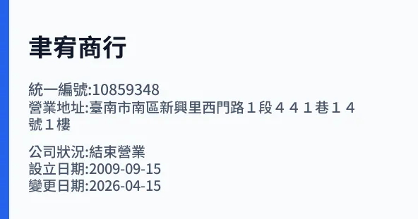 聿宥商行的照片-統編 10859348(臺南市) 公司登記資料與營業項目詳細圖表