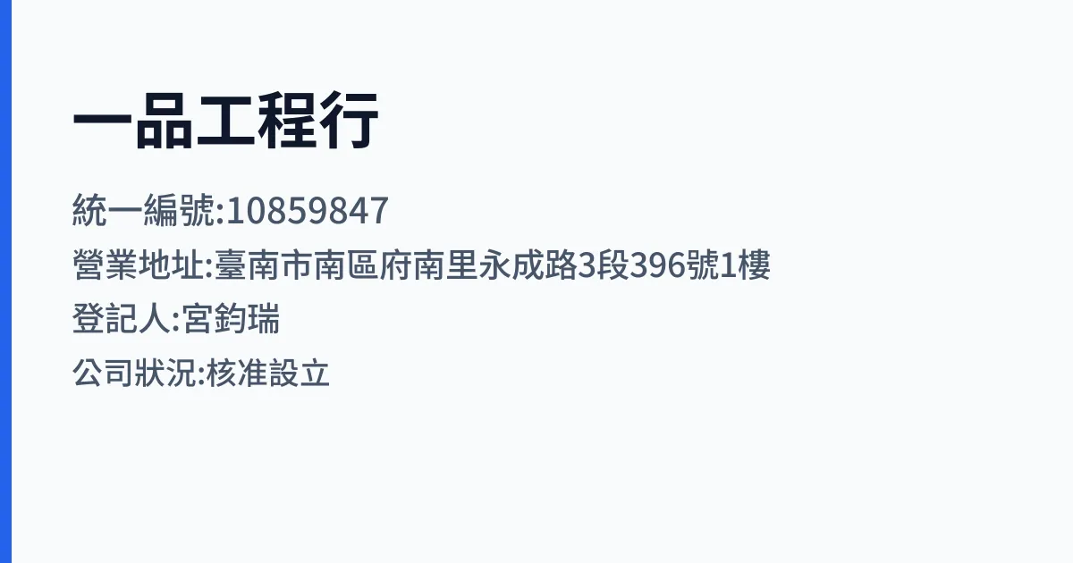 一品工程行 - 統編 10859847(臺南市) 公司登記資料與營業項目詳細圖表