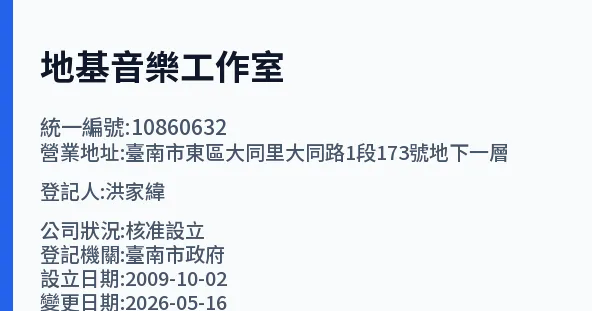 地基音樂工作室的照片-統編 10860632(臺南市) 公司登記資料與營業項目詳細圖表