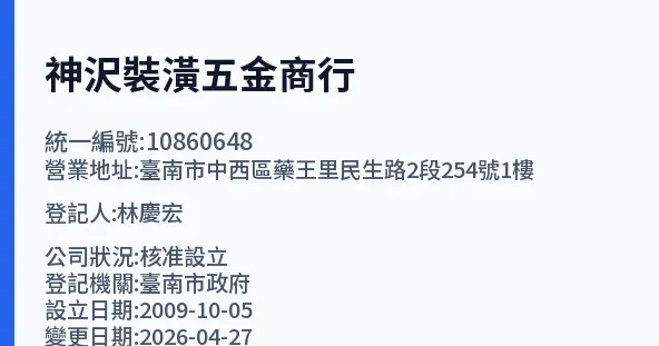 神沢裝潢五金商行的照片-統編 10860648(臺南市) 公司登記資料與營業項目詳細圖表