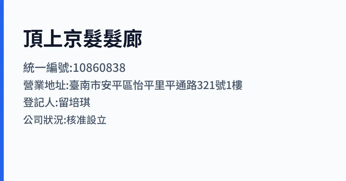 頂上京髮髮廊 - 統編 10860838（臺南市） 公司登記資料與營業項目詳細圖表