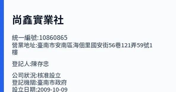 尚鑫實業社的照片-統編 10860865(臺南市) 公司登記資料與營業項目詳細圖表