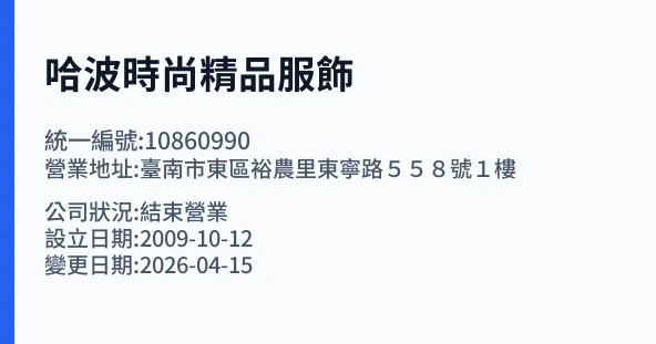 哈波時尚精品服飾的照片-統編 10860990(臺南市) 公司登記資料與營業項目詳細圖表