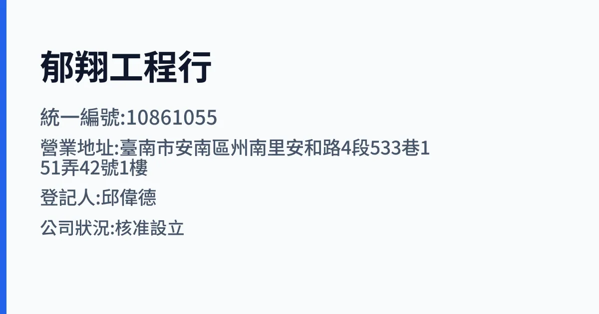 郁翔工程行 - 統編 10861055(臺南市) 公司登記資料與營業項目詳細圖表