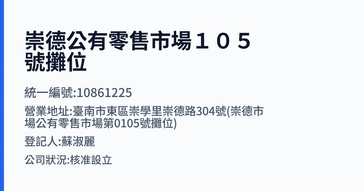 崇德公有零售市場１０５號攤位 - 統編 10861225（臺南市） 公司登記資料與營業項目詳細圖表