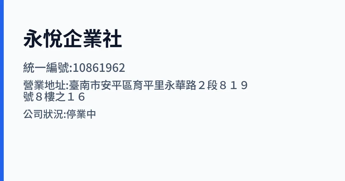 永悅企業社 - 統編 10861962(臺南市) 公司登記資料與營業項目詳細圖表