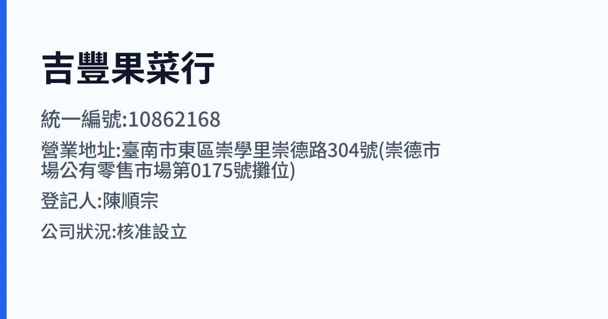 吉豐果菜行 - 統編 10862168(臺南市) 公司登記資料與營業項目詳細圖表
