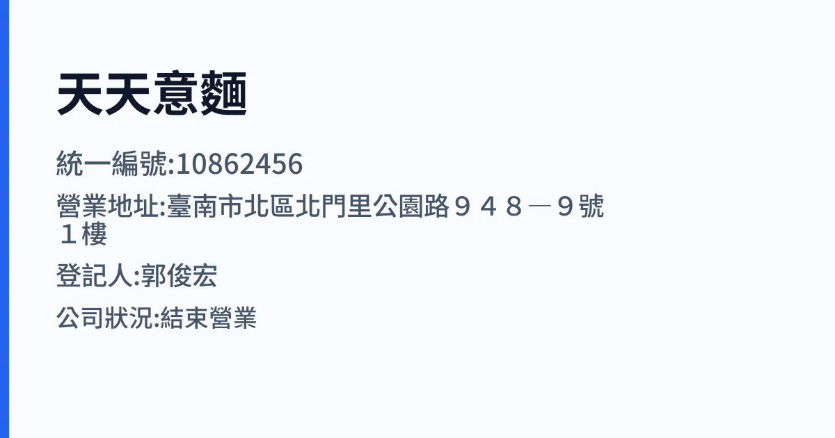 天天意麵 - 統編 10862456(臺南市) 公司登記資料與營業項目詳細圖表