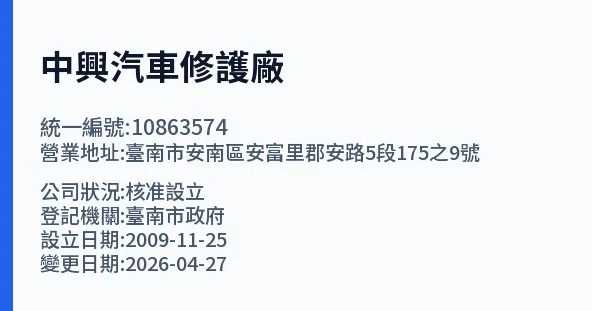 中興汽車修護廠的照片-統編 10863574(臺南市) 公司登記資料與營業項目詳細圖表